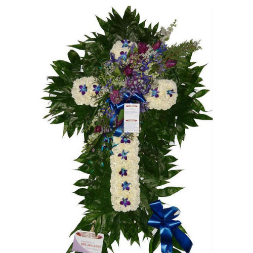 White and Blue Cross Standing Spray – Terra Flowers Miami