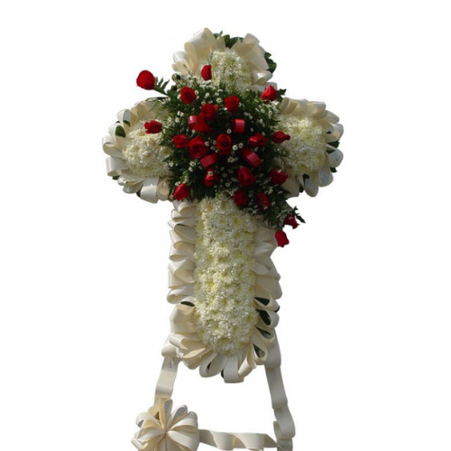 Red and White Cross Standing Spray – Terra Flowers Miami