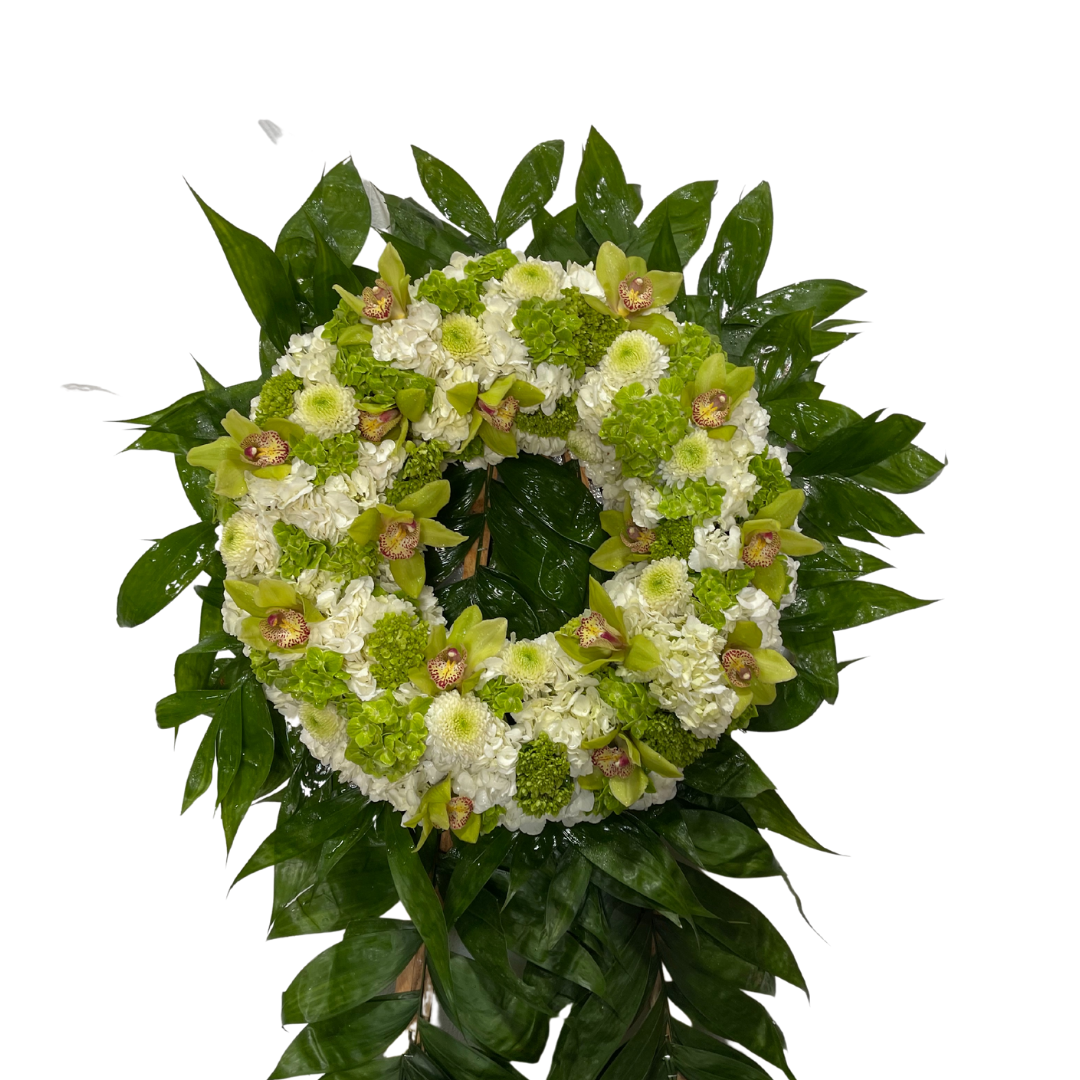Green and White Standing Funeral Wreath – Terra Flowers Miami